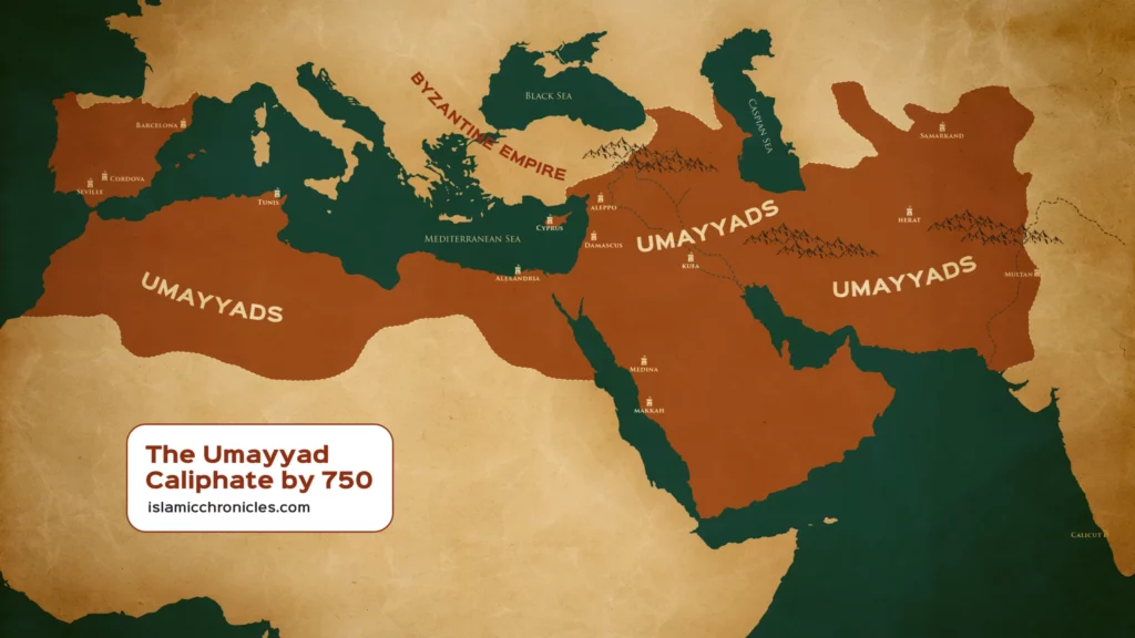 Map of Umayyad Caliphate at its greatest extent, 750 CE – Islamic ...
